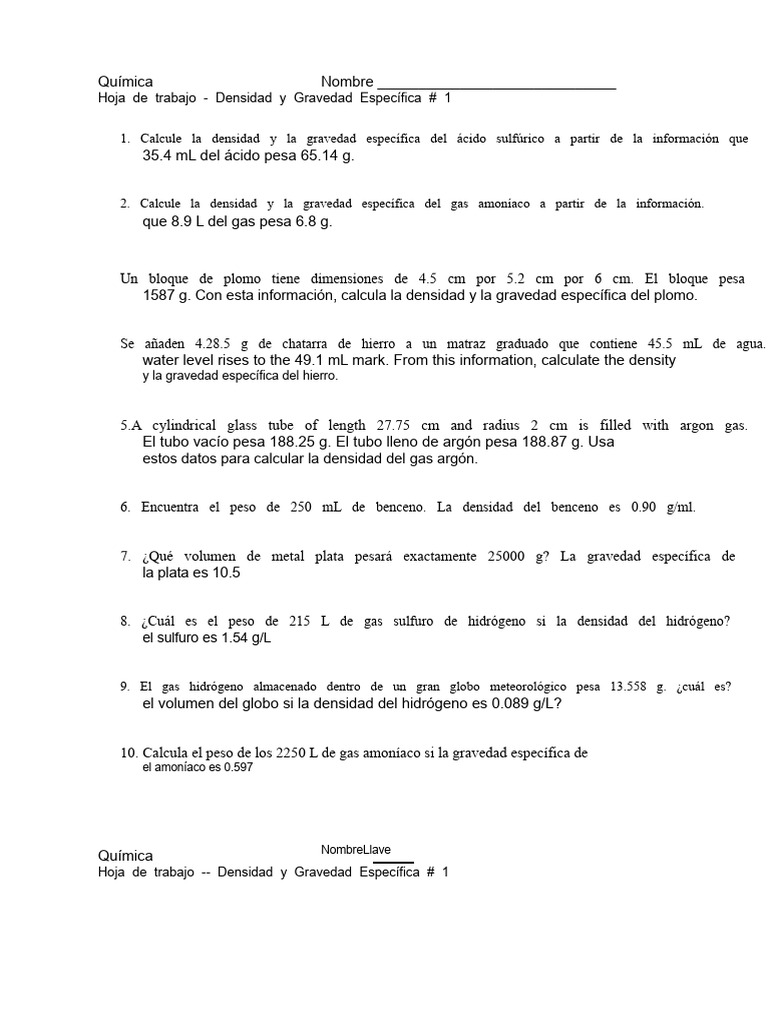 Hoja de trabajo+-+Densidad+y+Gravedad+Específica+$23+1 | PDF | Química ...