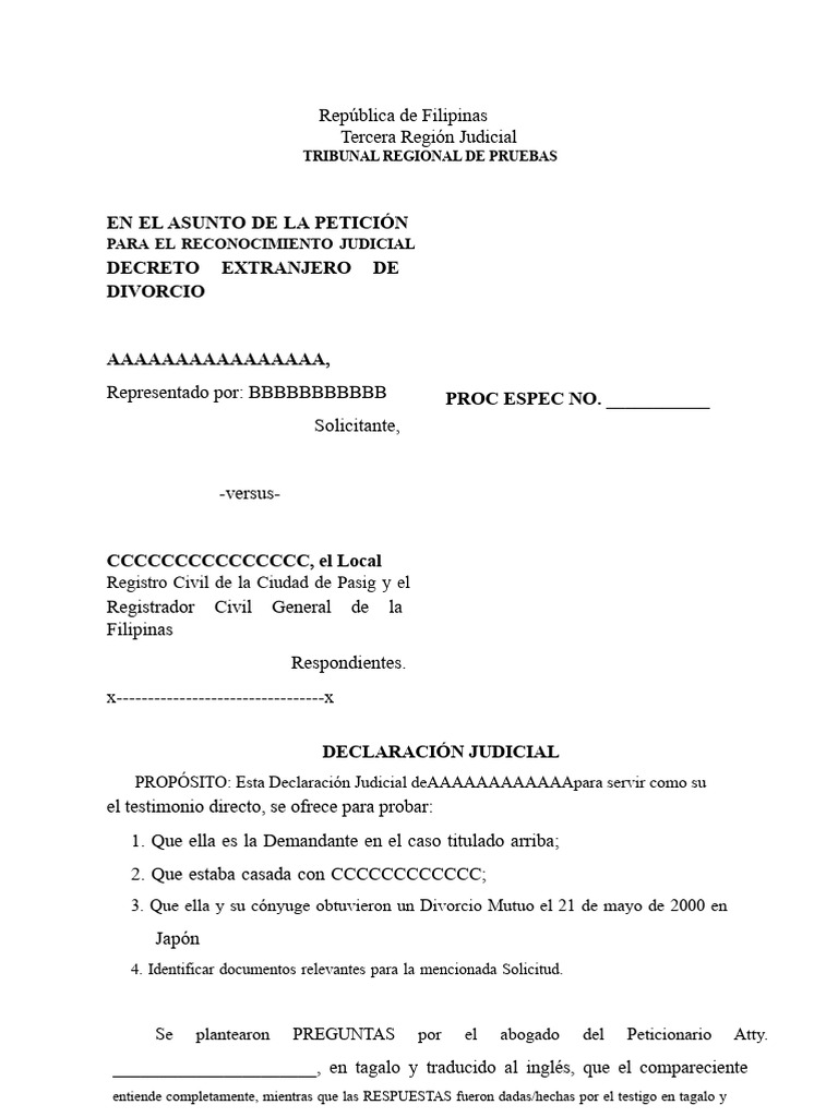 affidávit judicial de AAAA para divorcio extranjero | PDF | Divorcio ...