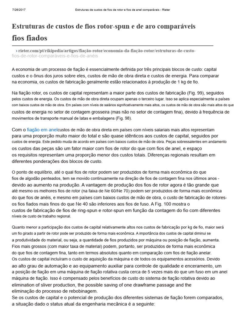 Estruturas de Custo de Fios Rotor e Fios de Anel Comparáveis - Rieter ...