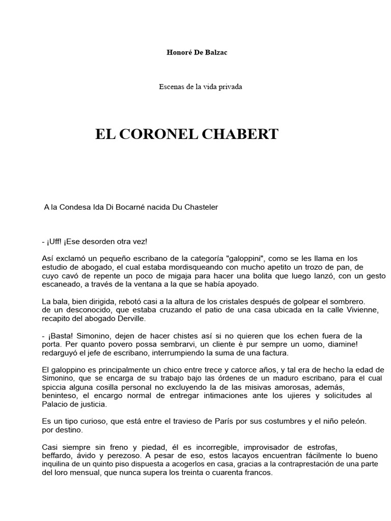 Honoré de Balzac EL CORONEL CHABERT | PDF