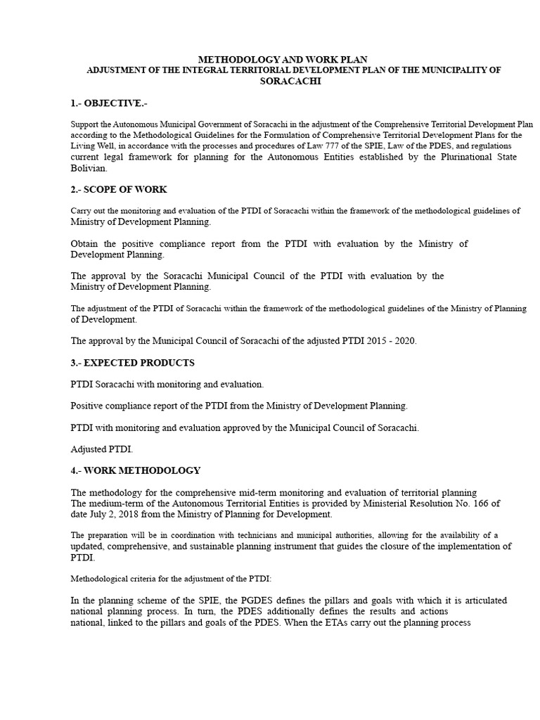 Methodology and work plan ADJUSTMENT PTDI SORACACHI | PDF | Evaluation