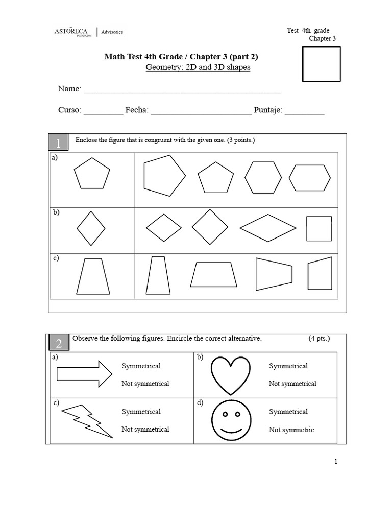 4th Grade Geometry Test Chapter 3 | PDF | Shape | Symmetry