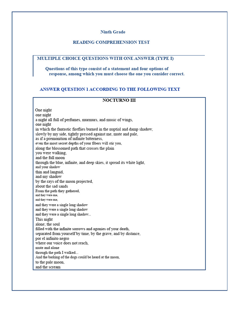 Reading Comprehension Grade 9 | PDF