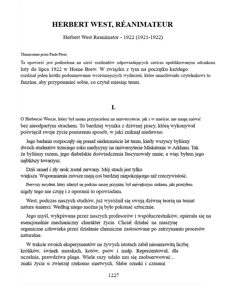 Reanimator - Lovecraft | PDF