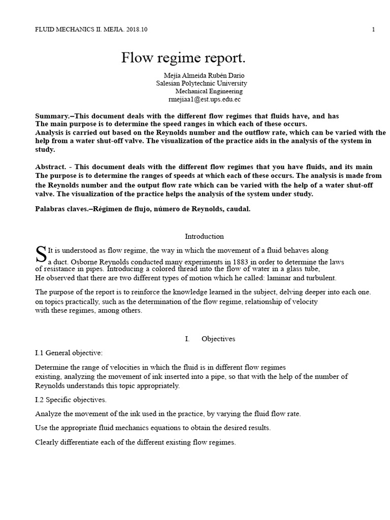 Flow Regime Report | PDF | Reynolds Number | Fluid Dynamics