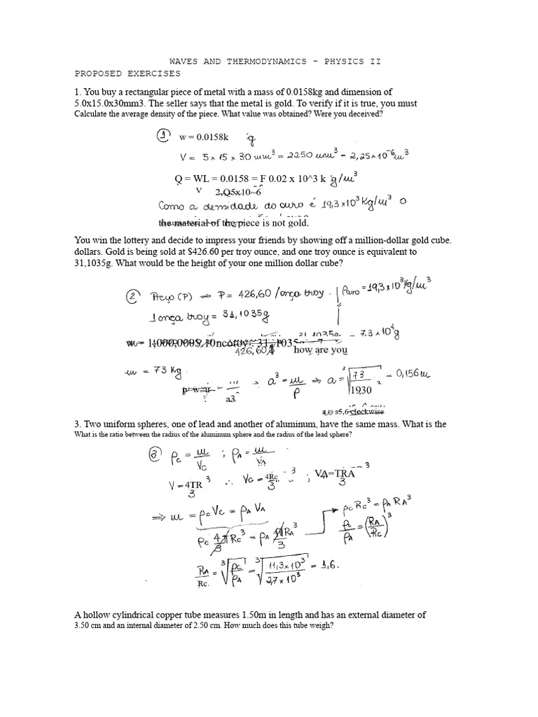 Physics II: Waves and Thermodynamics Exercises | PDF | Pressure ...
