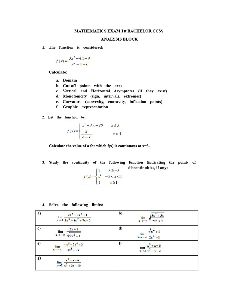 MATHEMATICS EXAM 1st BACCALAUREATE SOCIAL SCIENCES | PDF