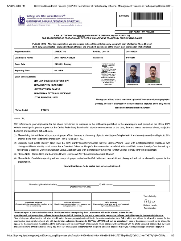 Ibps 2025 Admit Card | PDF