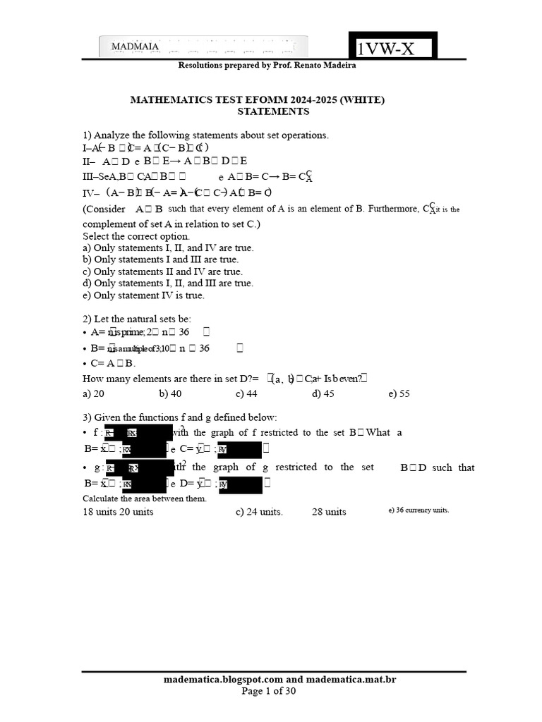 Mathematics Exam Efomm 2024-2025 Solved | PDF | Area | Function ...