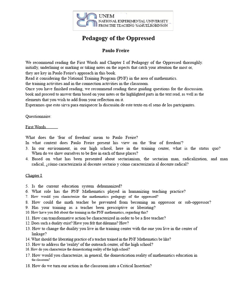 3 Questionnaire About the Pedagogy of the Oppressed | PDF | Learning ...