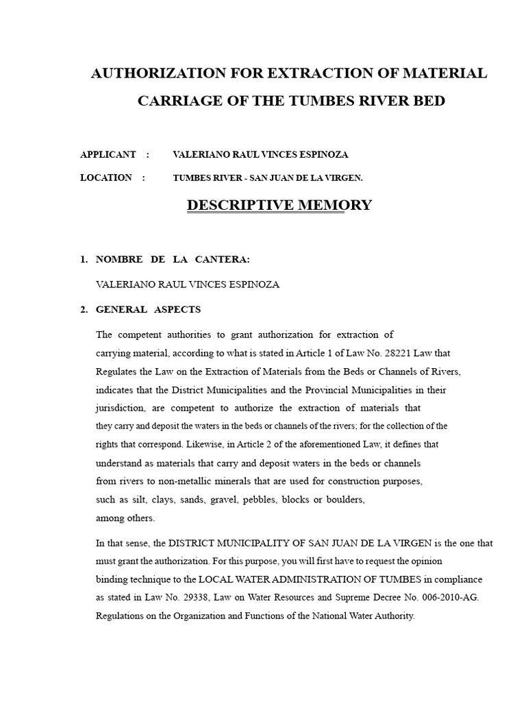 AUTHORIZATION FOR EXTRACTION OF CARRYING MATERIAL FROM THE CHANNEL OF ...