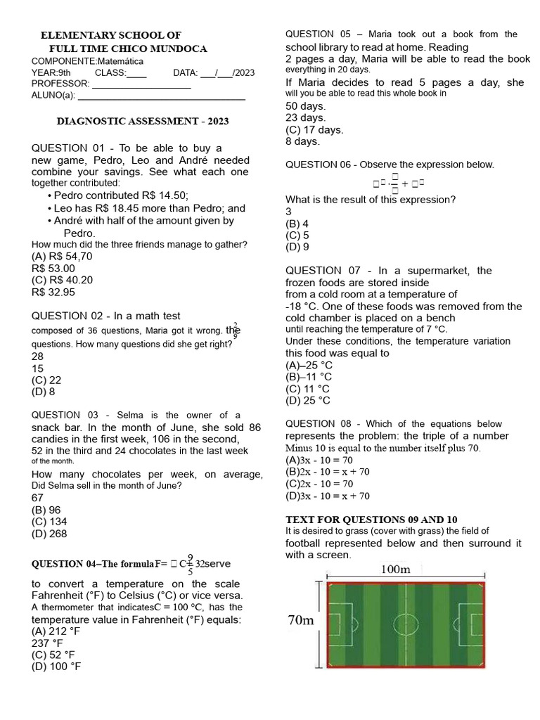2023 9th Grade Math Diagnostic Assessment | PDF | Fahrenheit