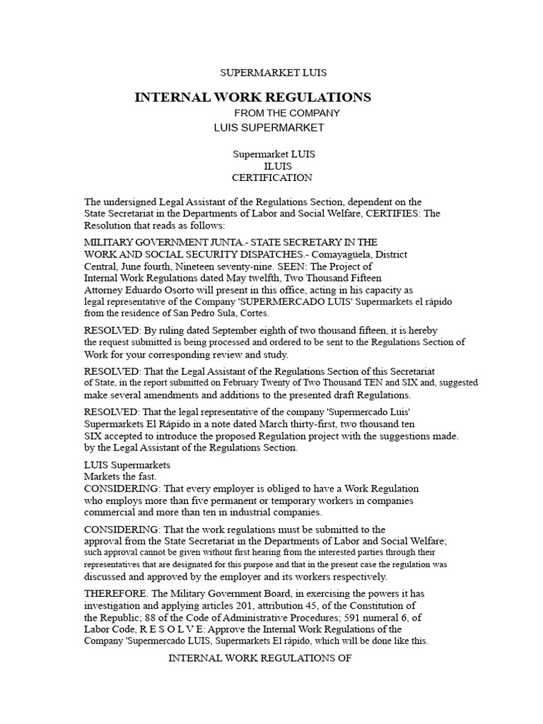 Internal Work Regulations for Supermarket Luis | PDF | Employment | Salary