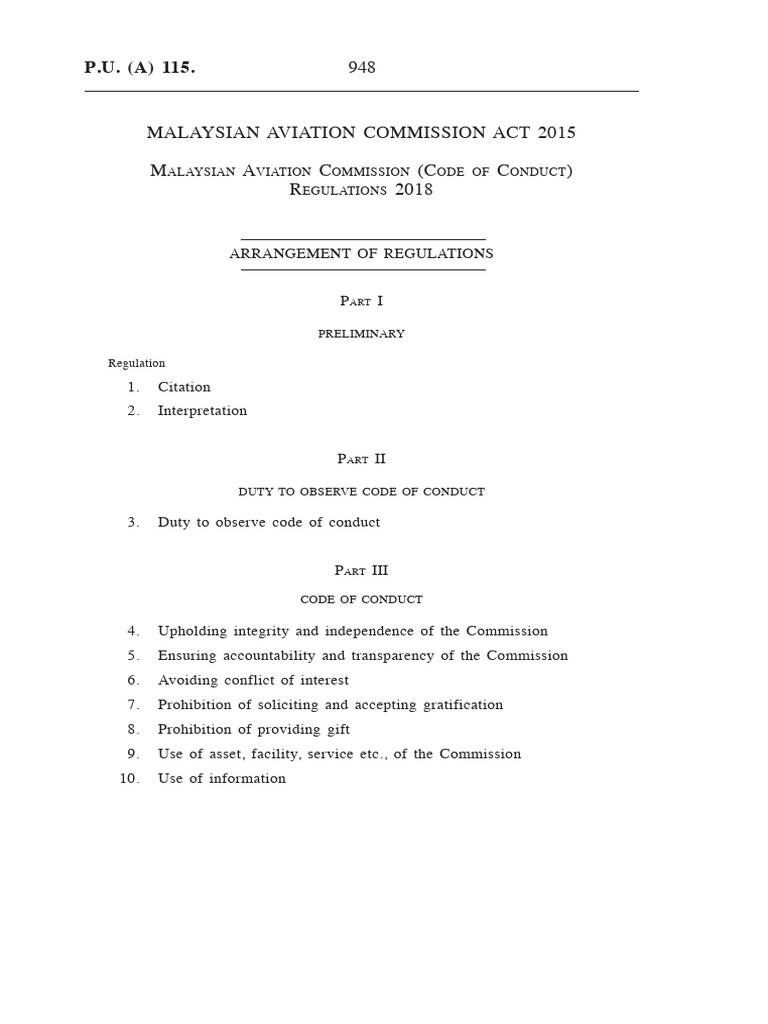 Malaysian Aviation Commission Code of Conduct Regulations 2018 | PDF ...