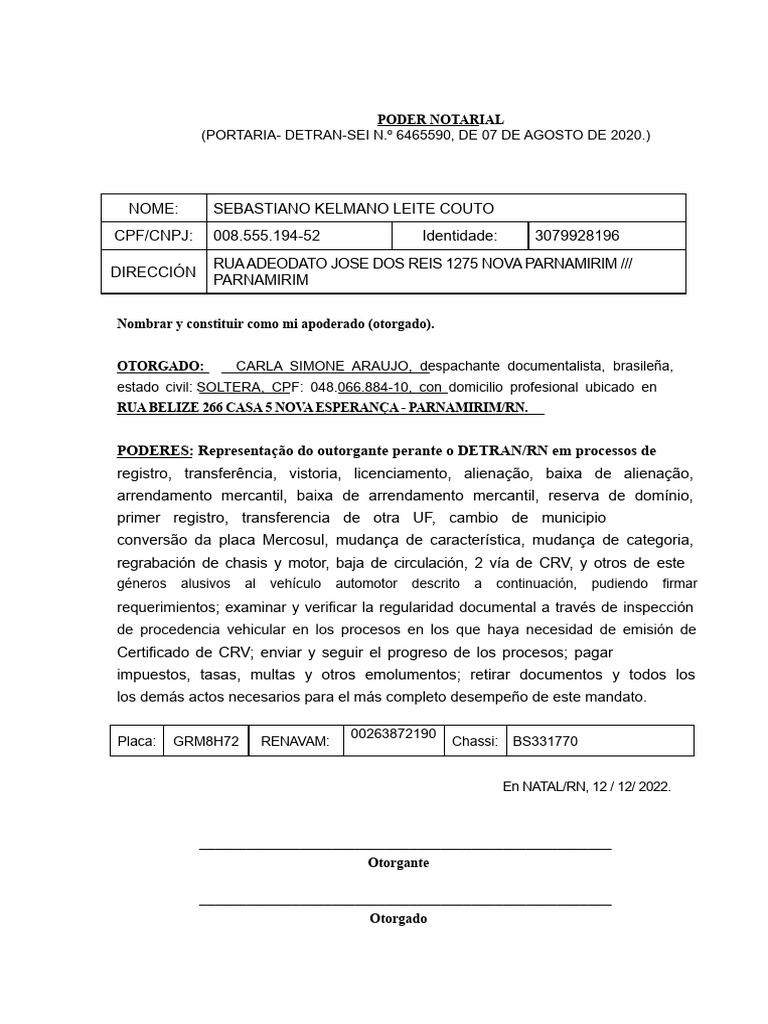 Poder Notarial para Detran/RN | PDF