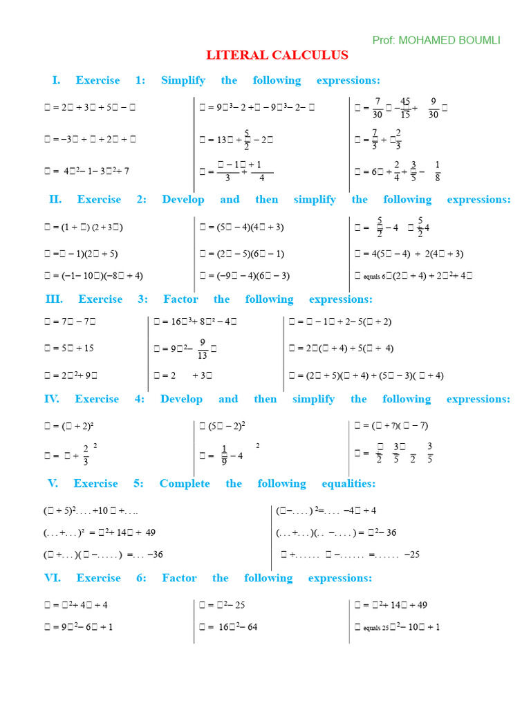 Literal Calculus Exercises and Solutions | PDF | Mathematics | Algebra