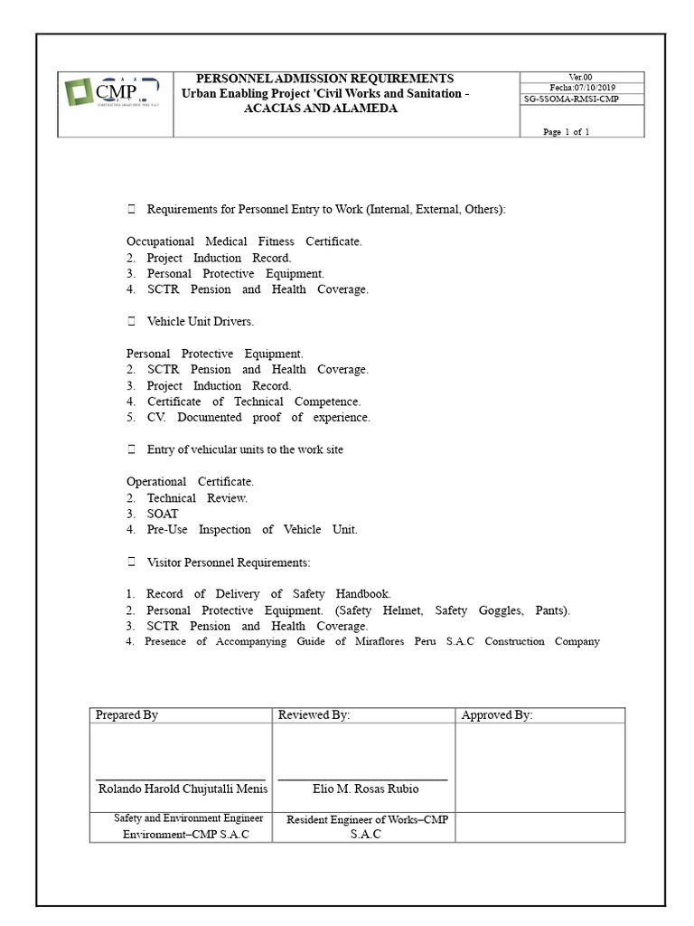Requirements for Personnel Entry to Worksite | PDF