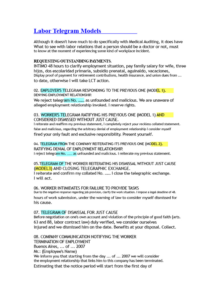 Labor Telegram Models for Employment Issues | PDF | Employment | Salary