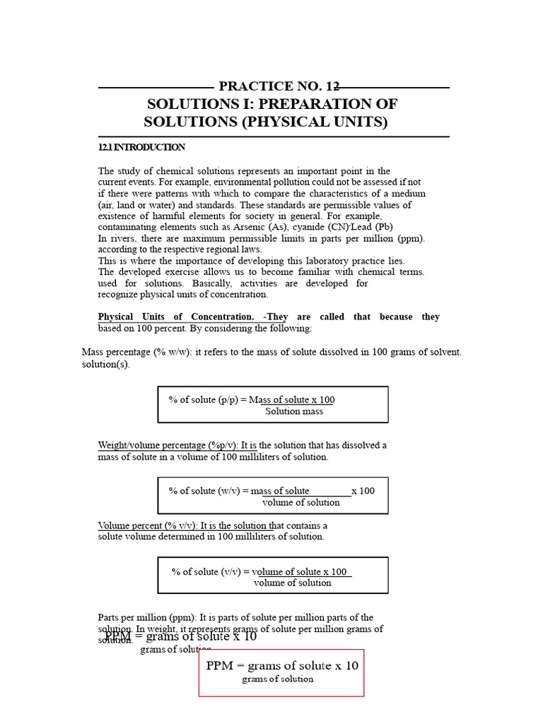 PRACTICE N 12 SOLUTIONS II - PREPARATION OF SOLUTIONS (PHYSICAL UNITS ...