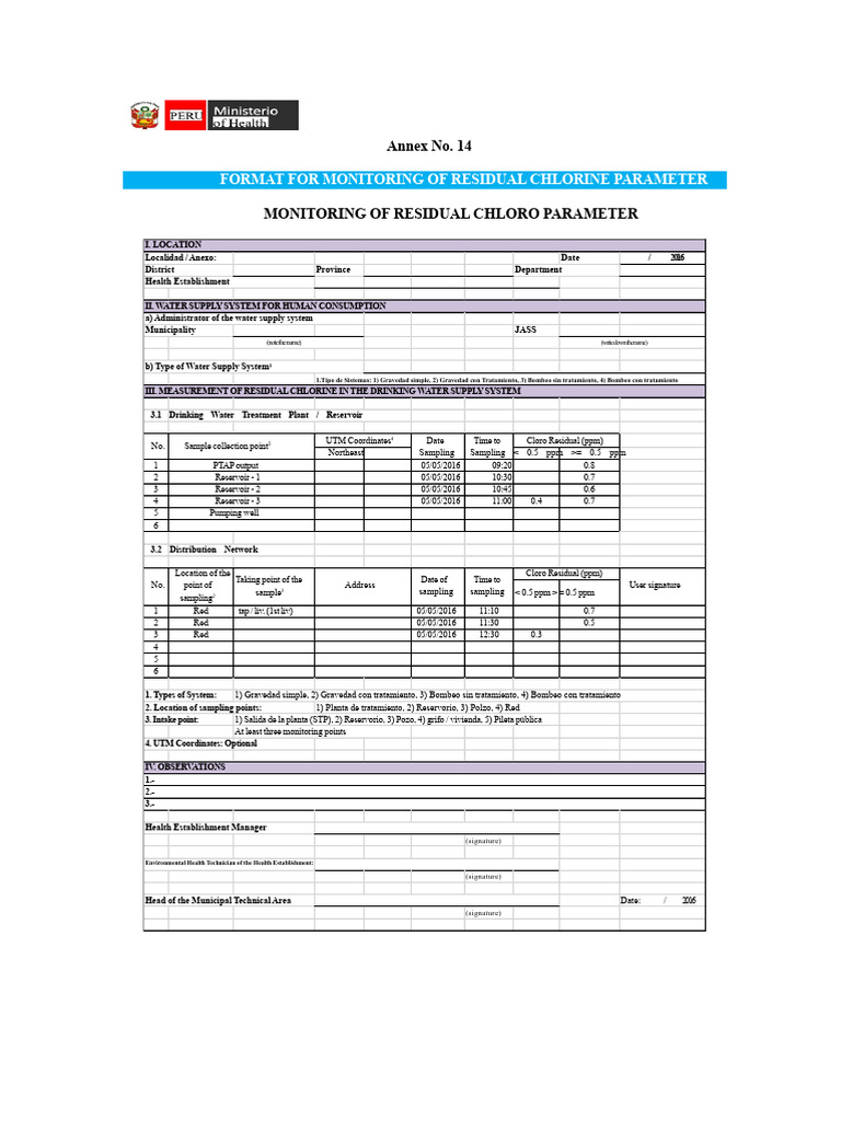 Annex 14 Monitoring Format for Residual Chlorine Parameter | PDF ...