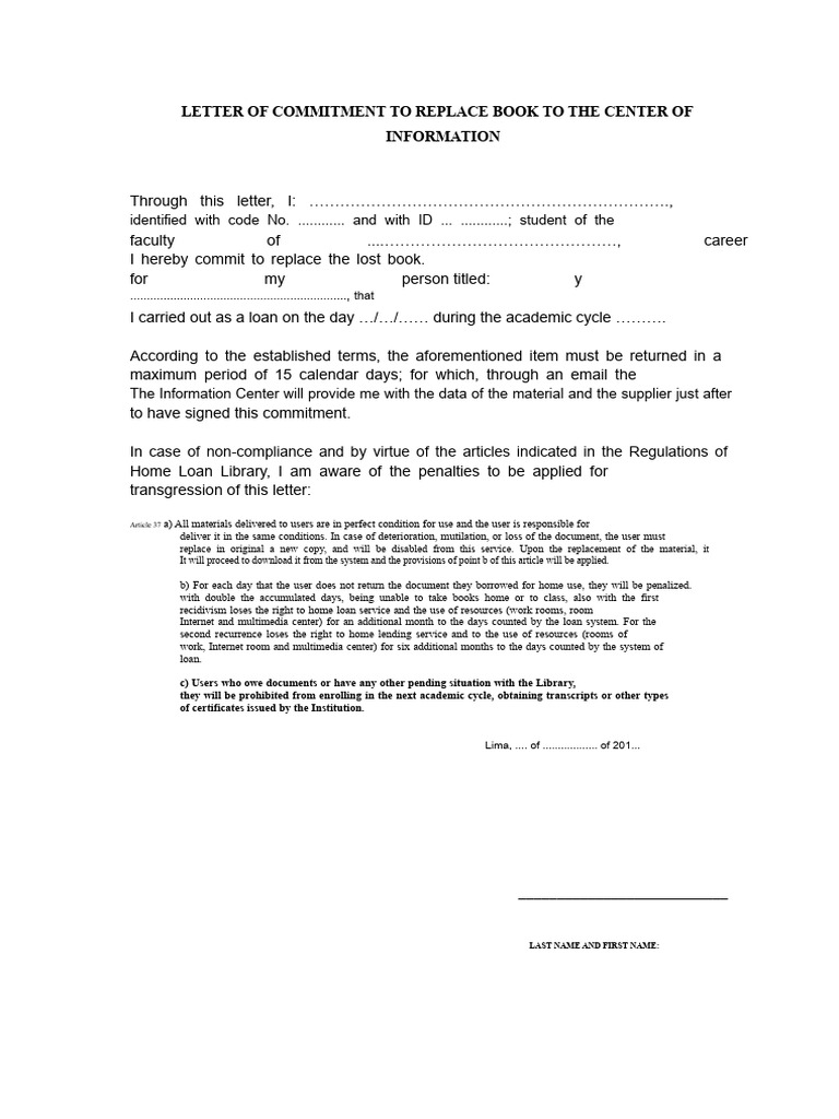 Letter of Commitment For Book Replacement To The Information Center ...
