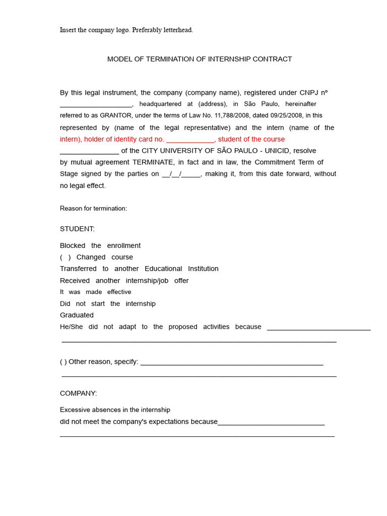 Internship Contract Termination Model | PDF