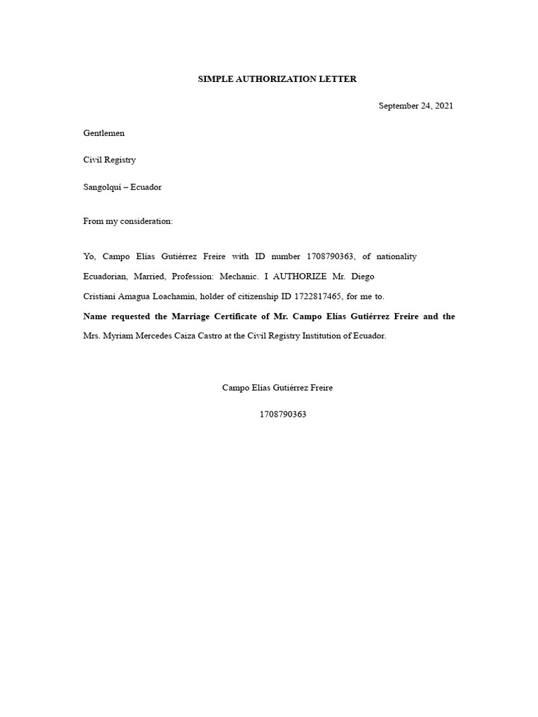 Simple Authorization Letter For Civil Registry | PDF