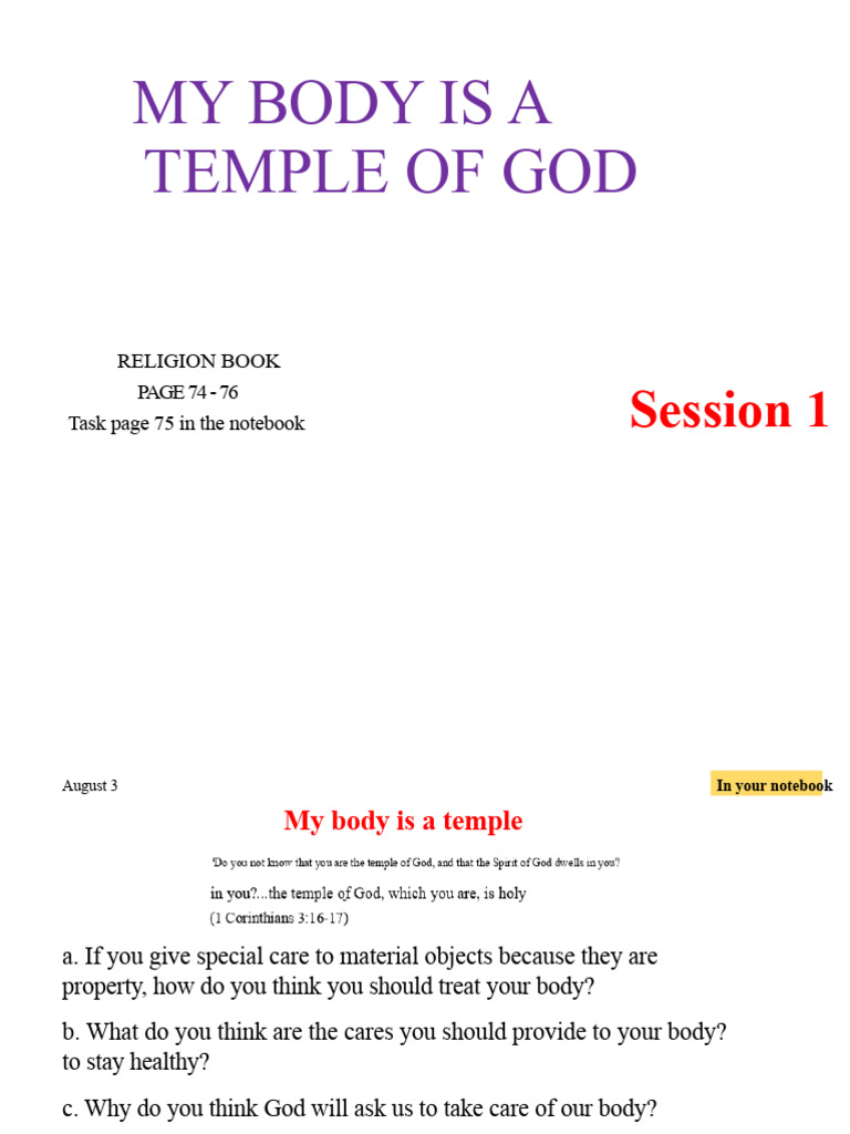 MY BODY IS A TEMPLE OF GOD Class 1 Religion 5th | PDF