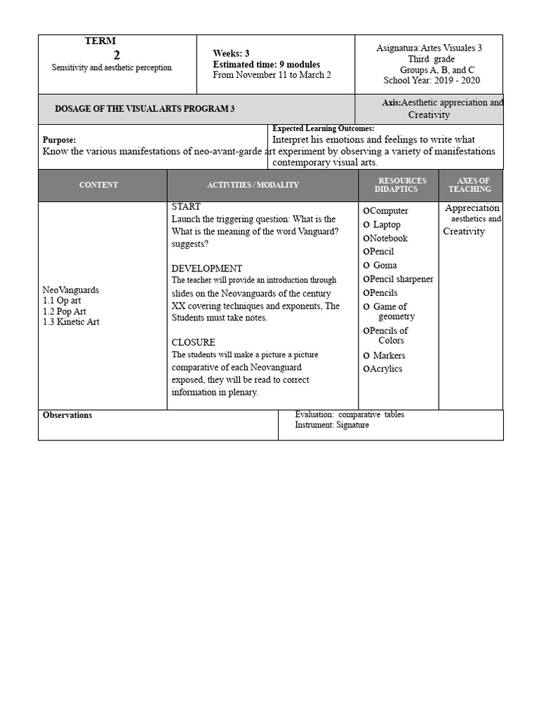 Visual Arts Curriculum for Third Grade | PDF | Pencil | Rhythm