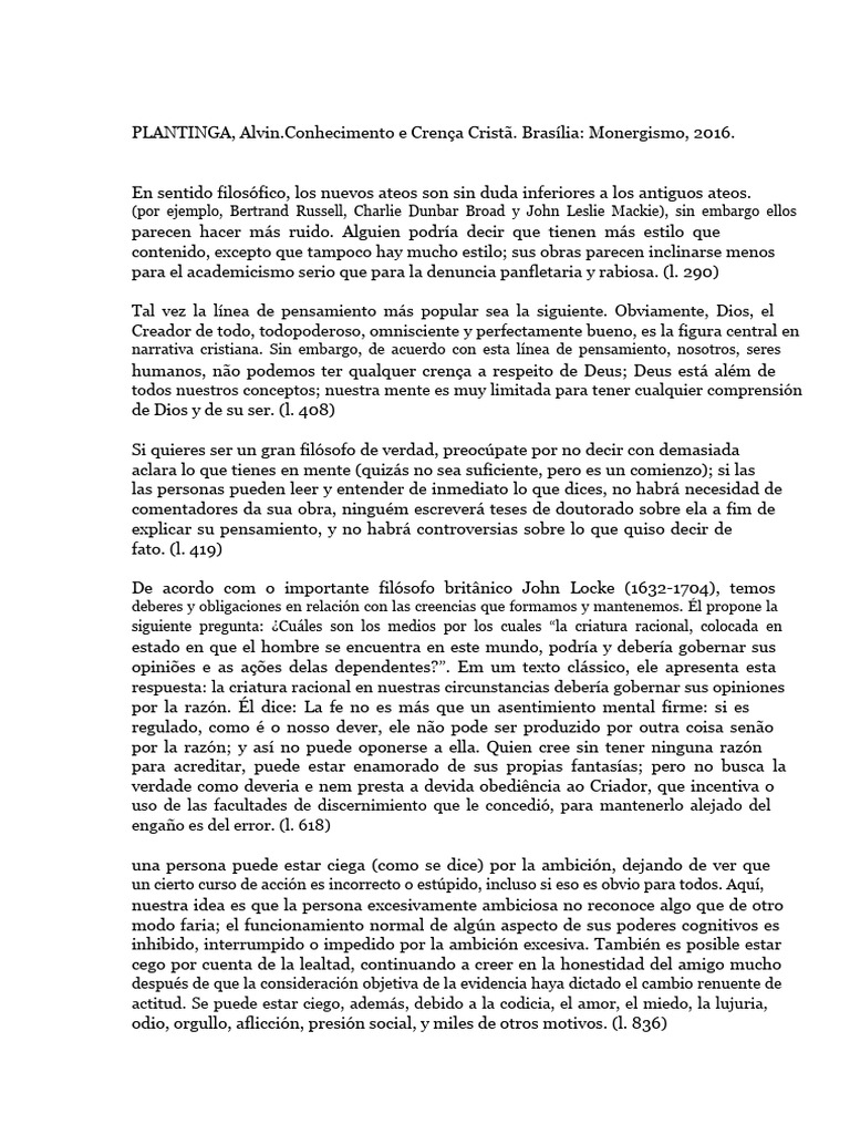 PLANTINGA, Alvin. Conocimiento y Creencia Cristiana | PDF | Ateísmo | Dios