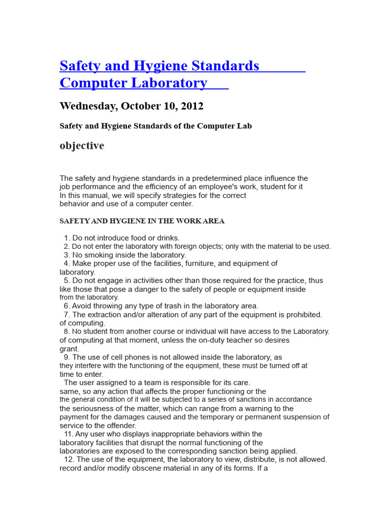 Safety and Hygiene Regulations of The Computer Lab | PDF | Laboratories