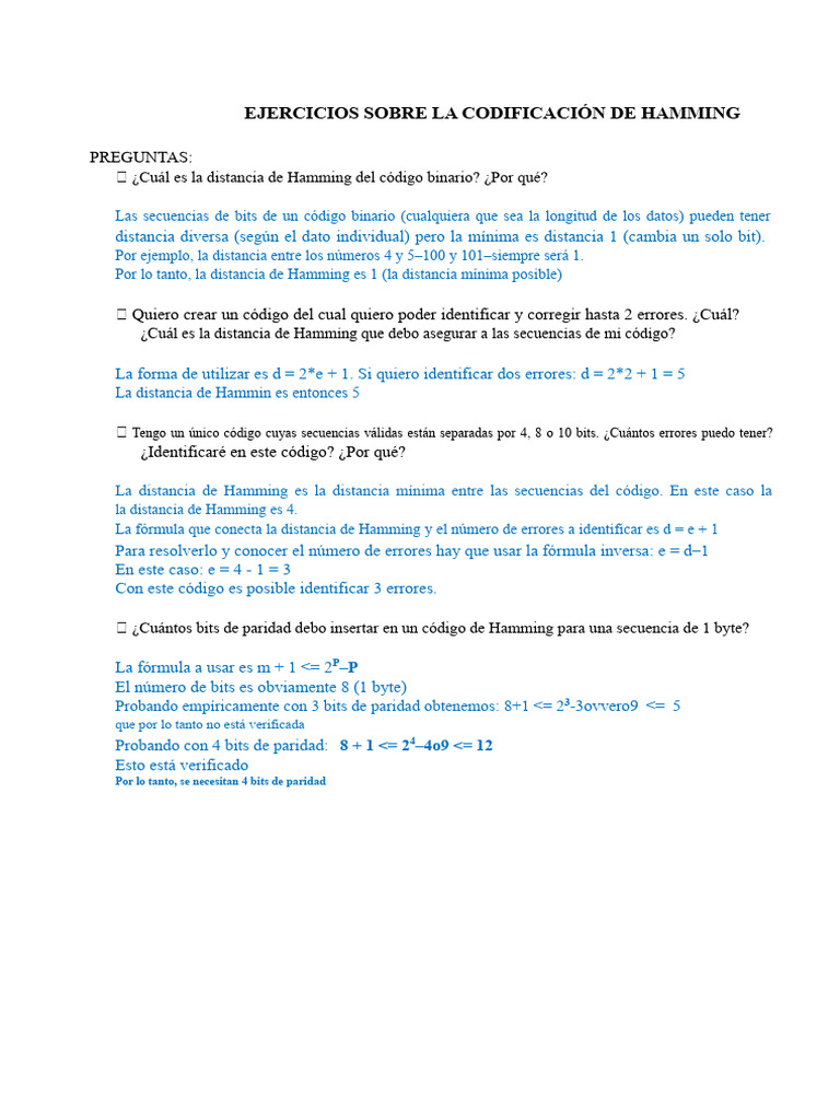 EJERCICIOS SOBRE LA CODIFICACIÓN DE HAMMING - Soluciones | PDF | Poco ...