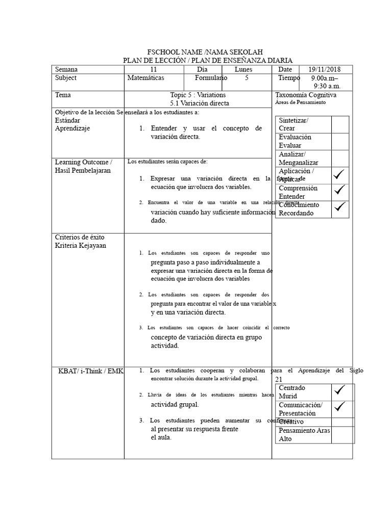 Variaciones Del Plan de Lección | PDF | Ecuaciones | Ciencia cognitiva