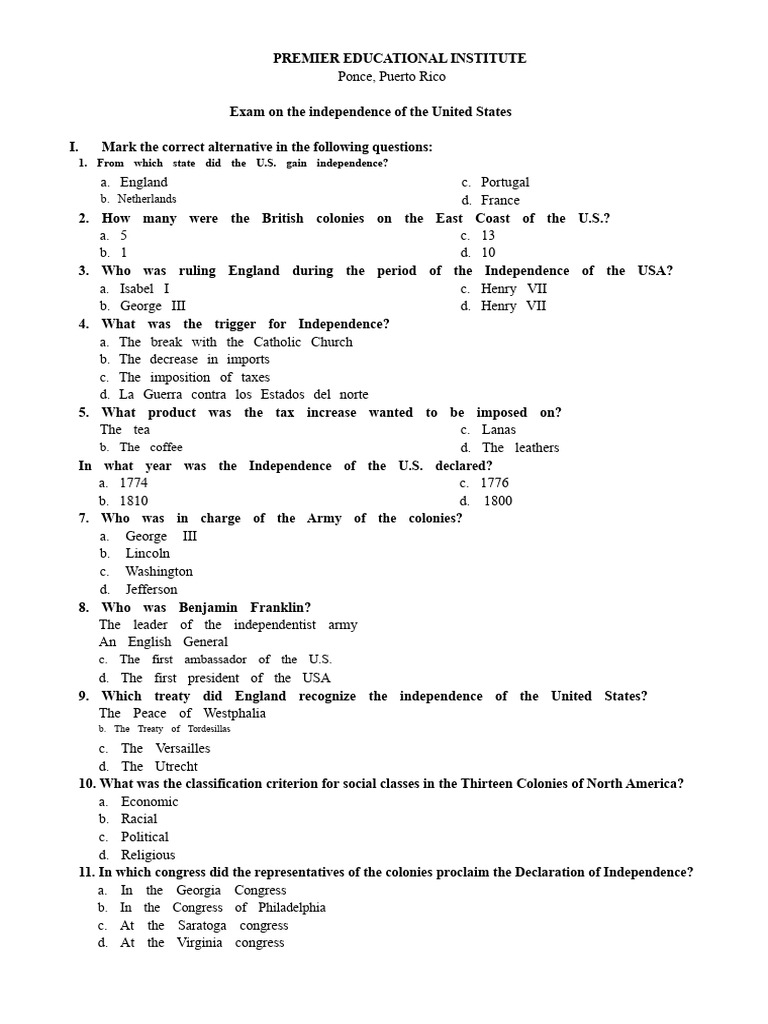 Exam On The Independence of The United States | PDF | United States ...
