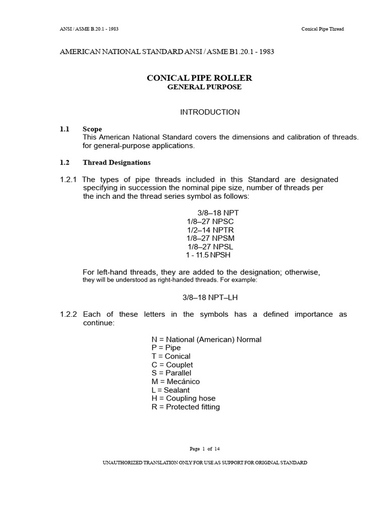 ANSI/ASME B1.20.1 Conical Pipe Threads | PDF | Pipe (Fluid Conveyance ...