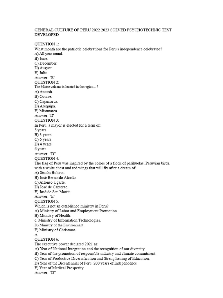 Peru General Culture Psychotechnic Test 2022-2023 | PDF | Peru