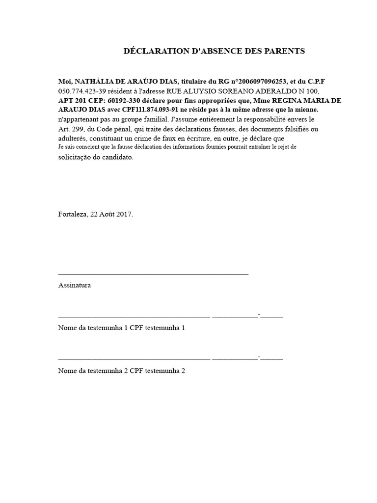 Déclaration d'absence des parents | PDF