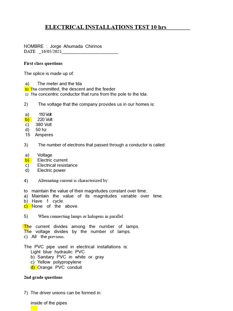 Electrical Installations Test Questions | PDF | Electrical Wiring ...