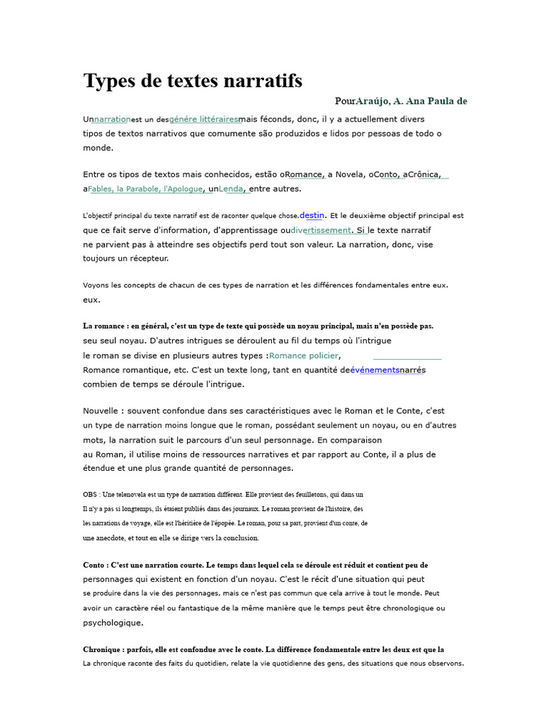 Types de textes narratifs expliqués | PDF | Fable | Romans