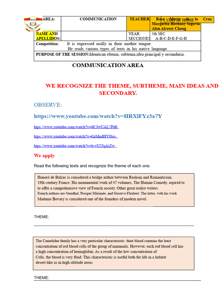 Sheet N 7 - We Recognize The Main Topic Subtopic and Primary and ...