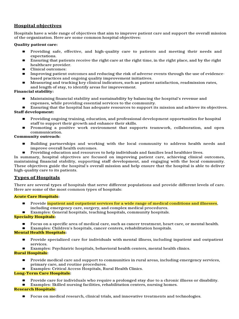 Key Objectives and Types of Hospitals | PDF | Hospital | Health Care