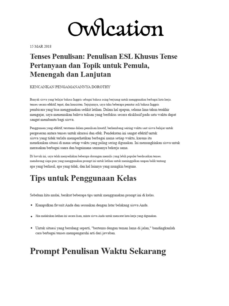 Menulis Tenses - Prompts Dan Topik Menulis ESL Khusus Tense Untuk ...