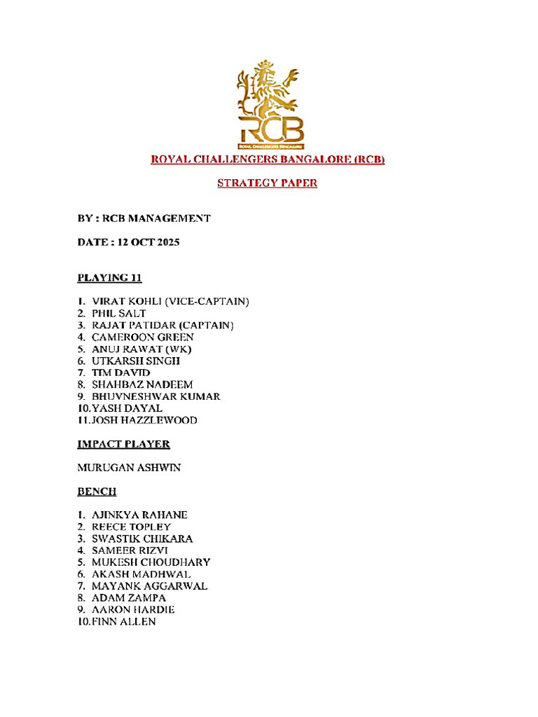 Royal Challengers Bangalore (RCB) Strategy Paper | PDF