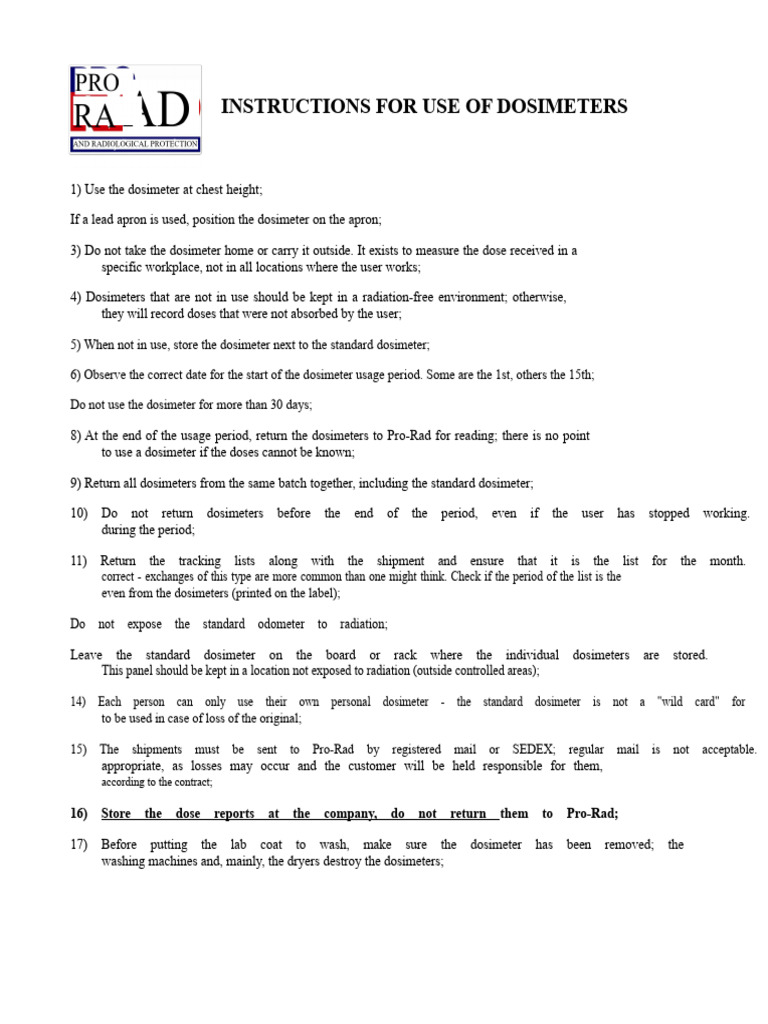 Instructions For Use of Dosimeters | PDF | Absorbed Dose