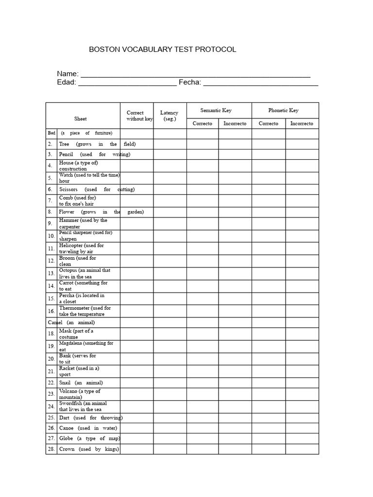 Boston Vocabulary Test Protocol | PDF