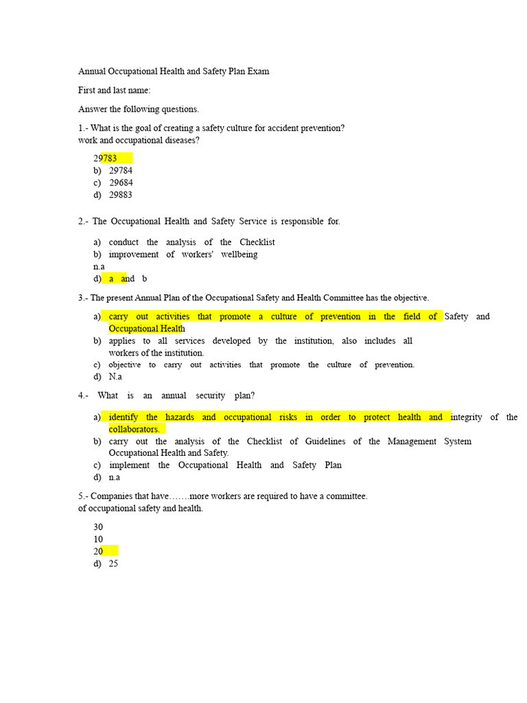 Annual Occupational Health and Safety Plan Exam | PDF