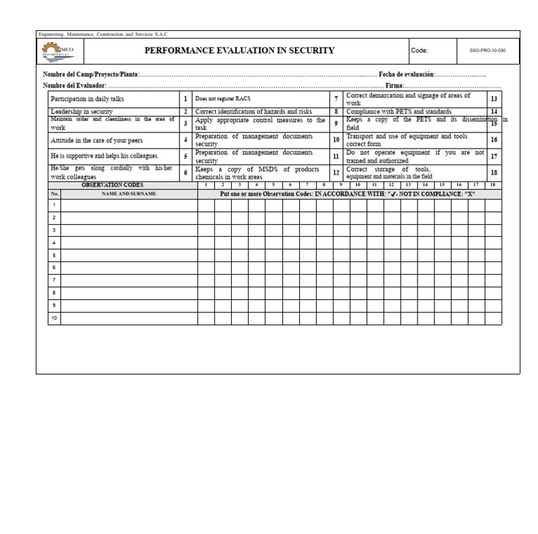 Performance Evaluation Format in Security | PDF | Working Conditions ...