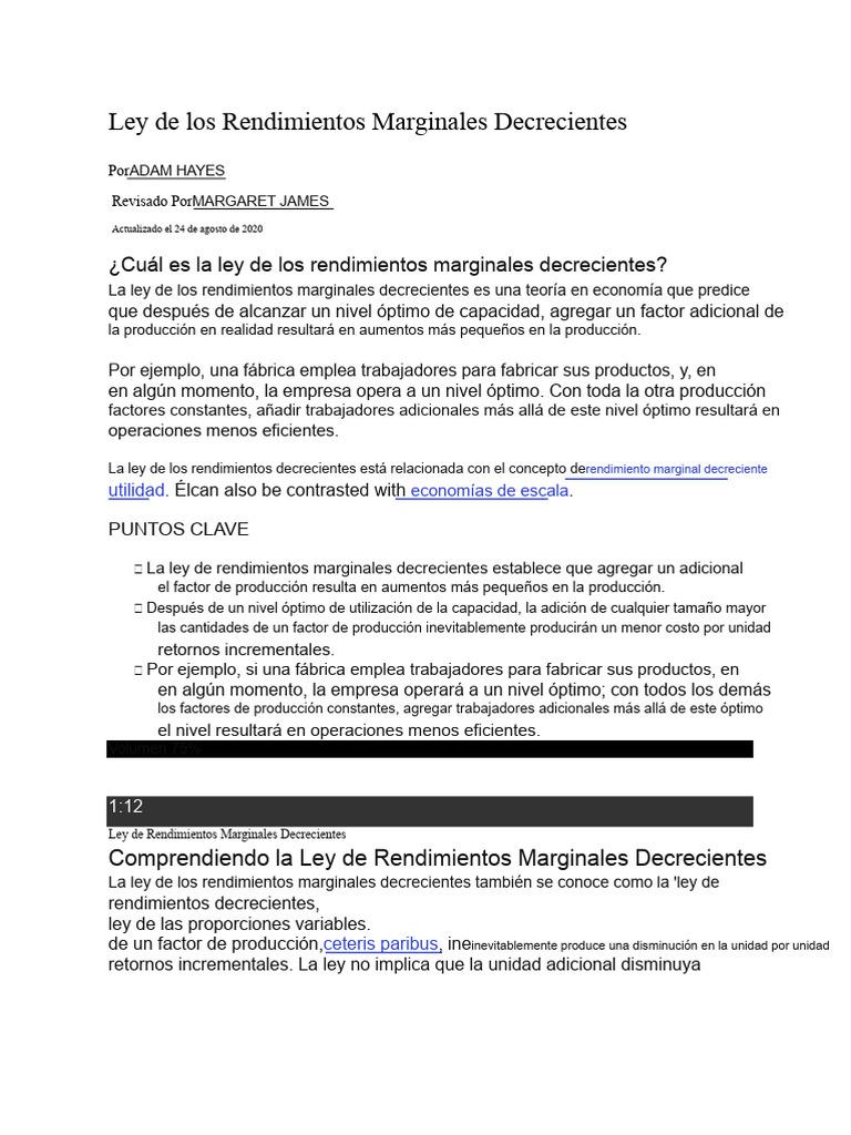 Ley de Rendimientos Marginales Decrecientes PDF | PDF | Factores de ...