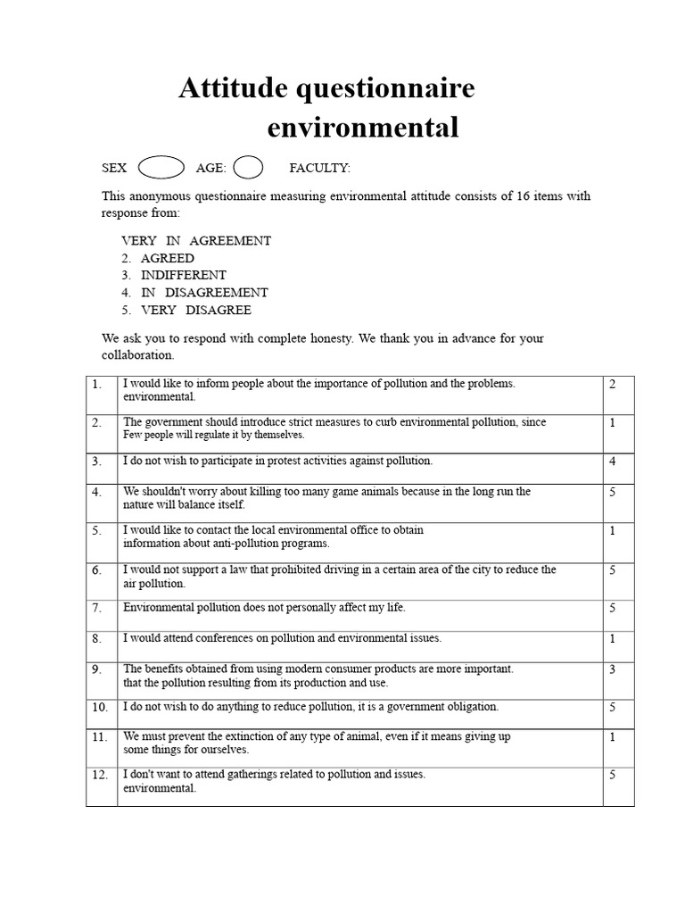 Environmental Attitude Questionnaire | PDF | Pollution | Natural ...