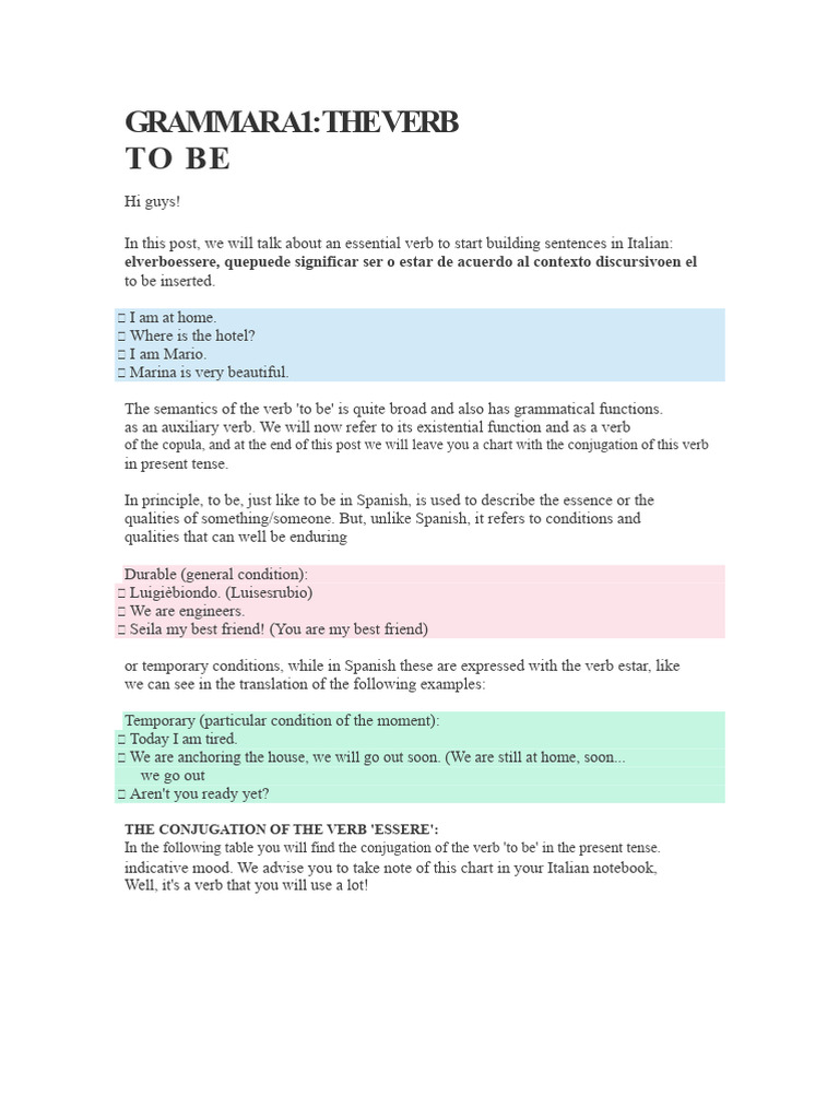 Grammar A1 - Verb To Be | PDF